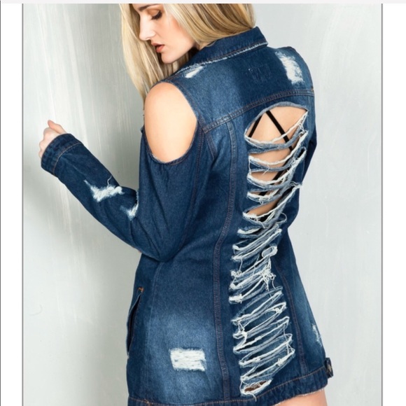 Jackets & Coats | Dark Denim Cold Shoulder Slashed Back Jean Jacket ...
